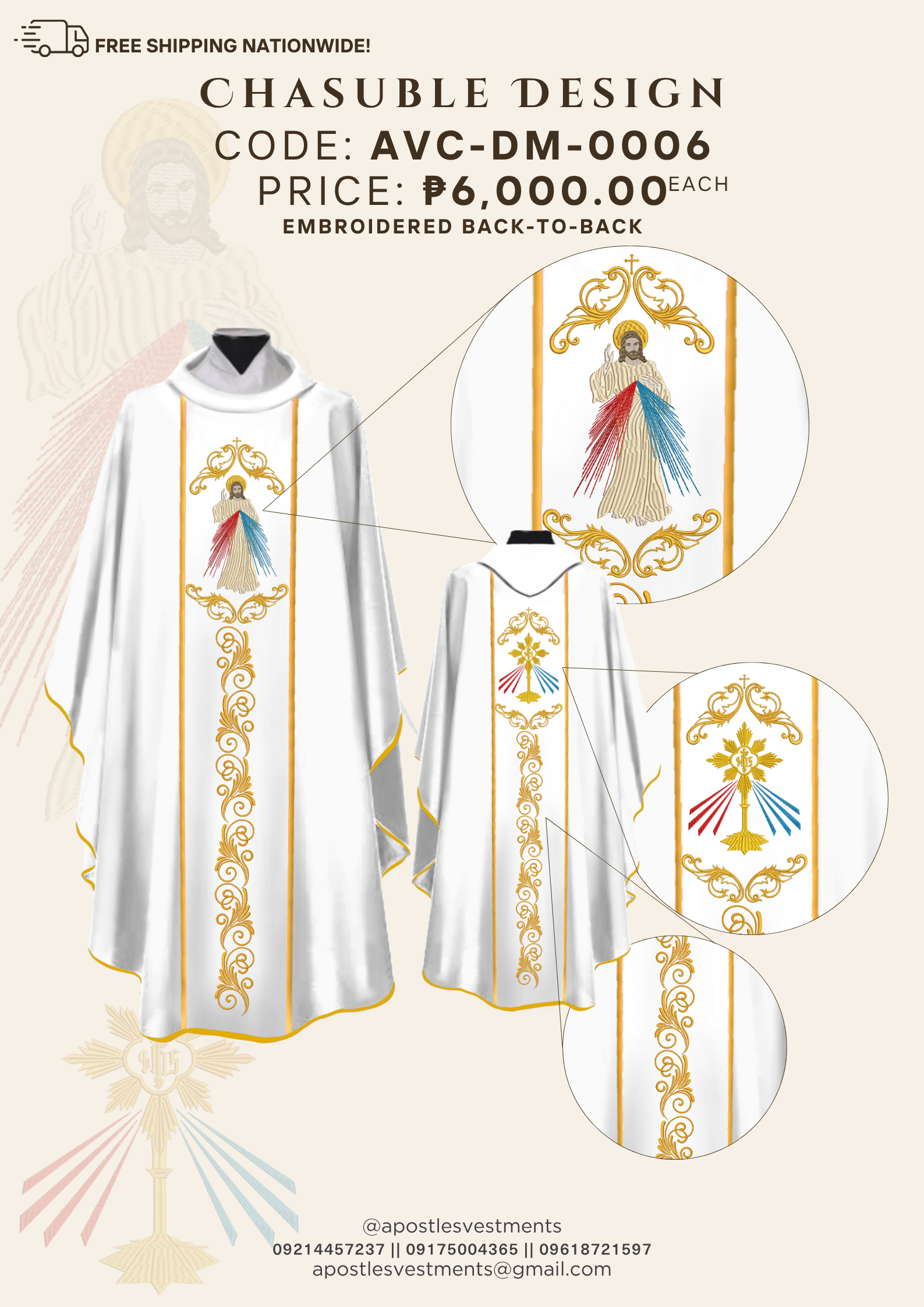 DEVINE MERCY CHASUBLE DESIGN (AVC-DM-0006) - Apostle's Vestments Tailoring