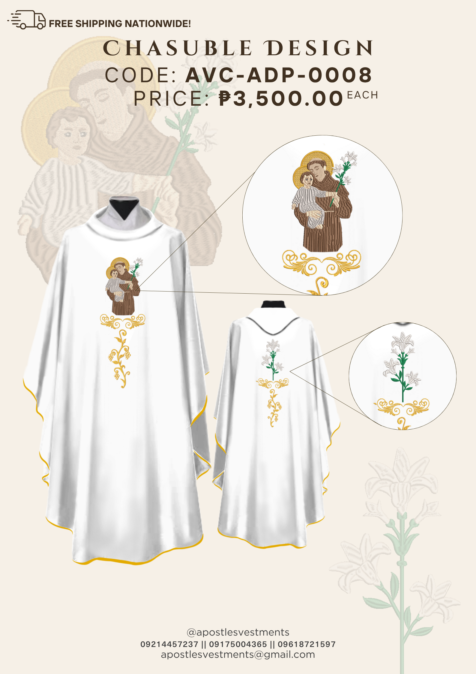 ST ANTHONY DE PADUA CASHUABLE DESIGNS (AVC-ADP-0008) - Apostle's Vestments Tailoring